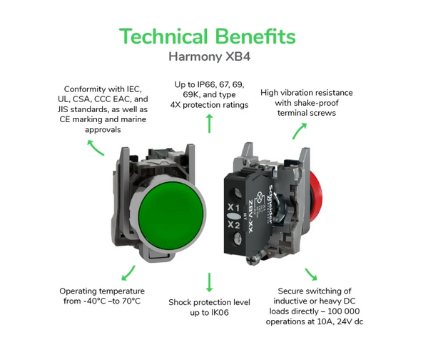 Schneider XB4BVG3 Green Lens Pilot Light, Harmony XB4, 22mm, Universal
