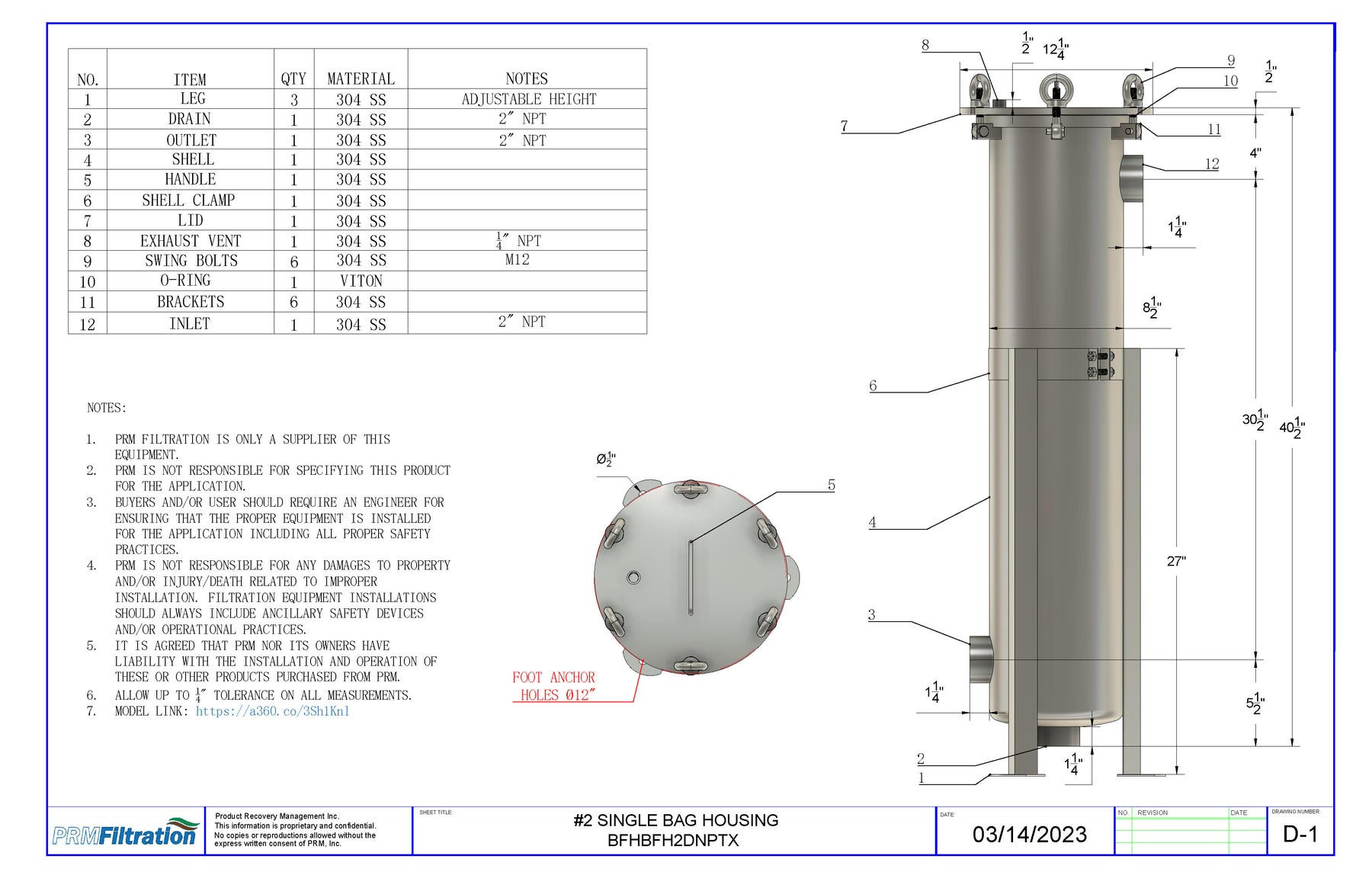 #2 Filter Housing 304 SS 2" NPT, Dual Side/Bottom Out 150 psi