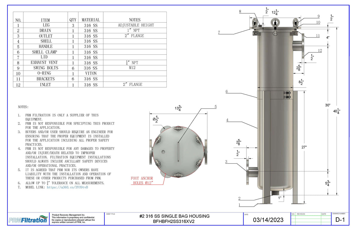 #2 316 Stainless Steel Bag Filter Housing 2" Flange In/Side Out