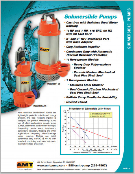 AMT 598A-95 Submersible Sump Pump, 0.5 HP 115 VAC 2 Inch NPT Outlet