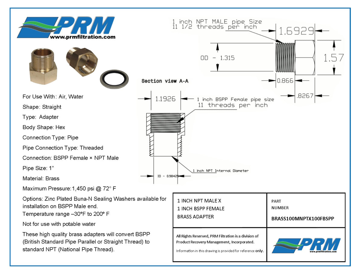 1" NPT Male X 1" BSPP Female Brass Adapter (NPT X BSPP)