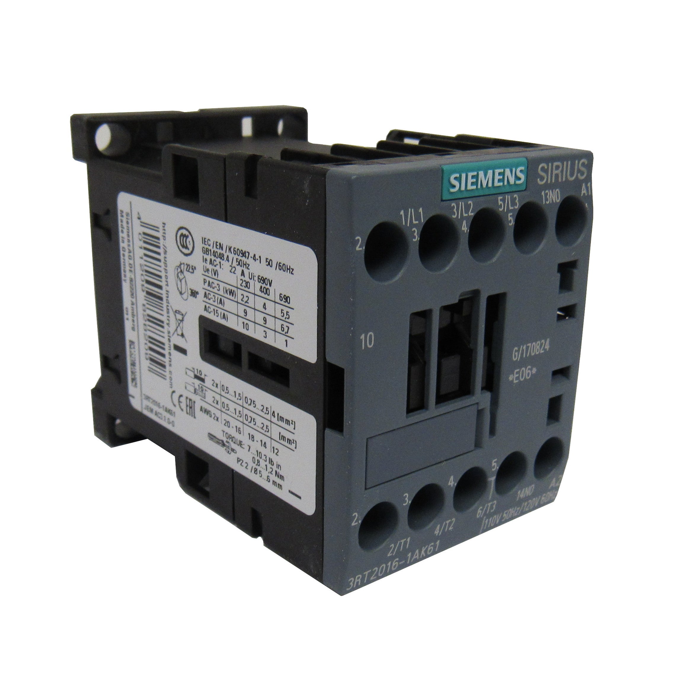 Siemens SIRIUS 3RT2016-1AK61 Contactor 9A, 3-POLE, 120V