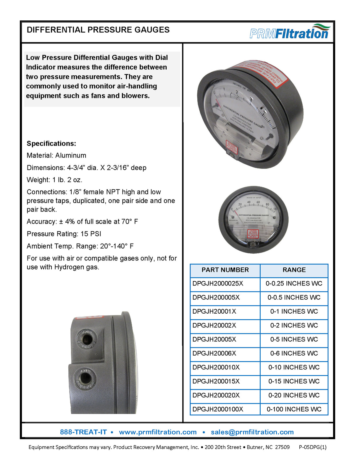 Differential Pressure Gauge, 0-20 Inches of Water (Aluminum)