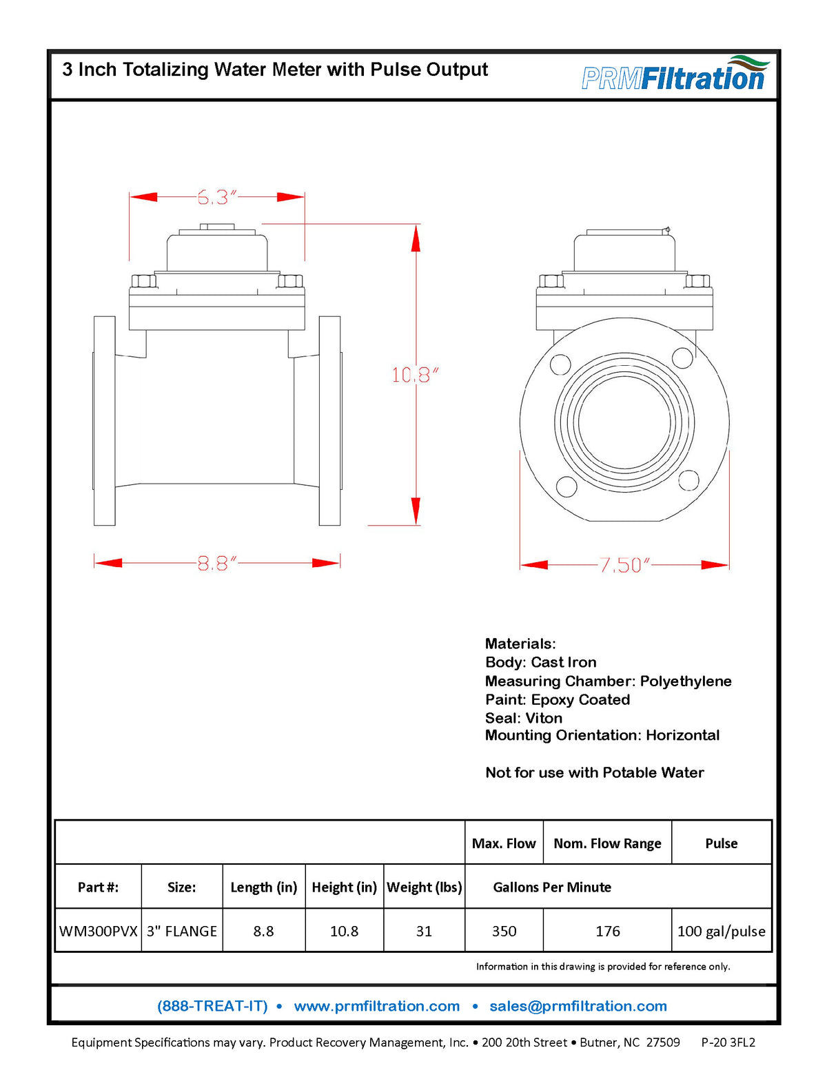 3 Inch Totalizing Water Meter with Pulse Output (Flanged)