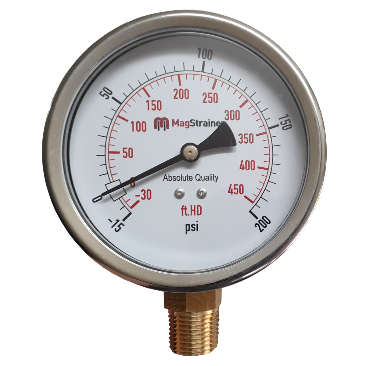 4" Compound Gauge, -15-200 psi, -30 - 450 ft.HD, 304 SS, Brass Int